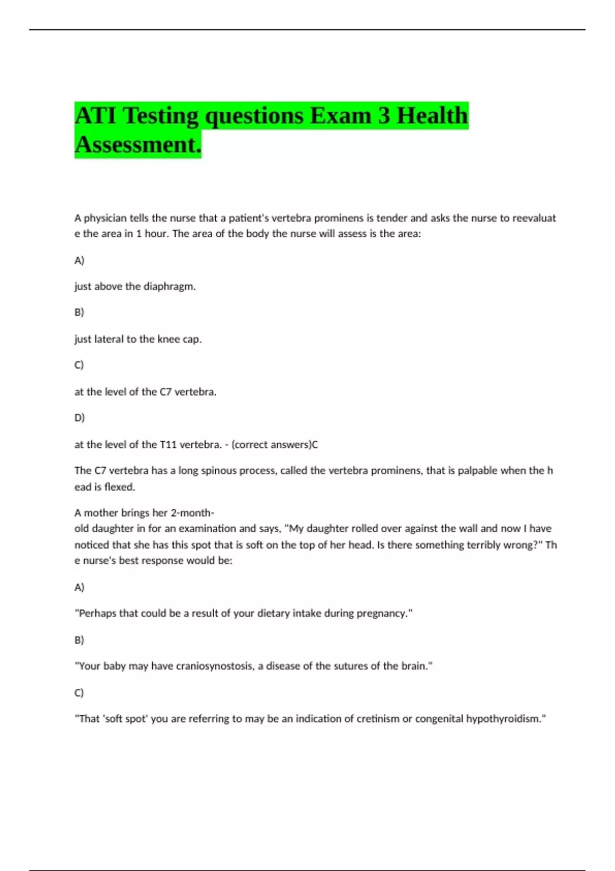 ATI Testing questions Exam 3 Health Assessment - ATI T11 - Stuvia US