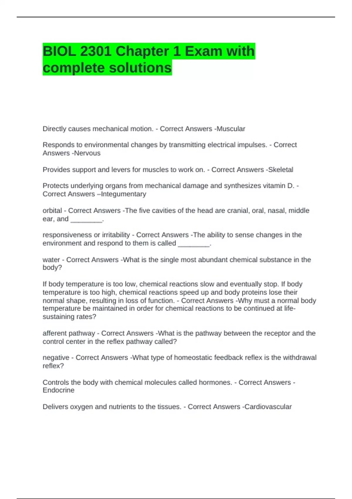 BIOL 2301 Chapter 1 Exam with complete solutions - BIO 2301 - Stuvia US