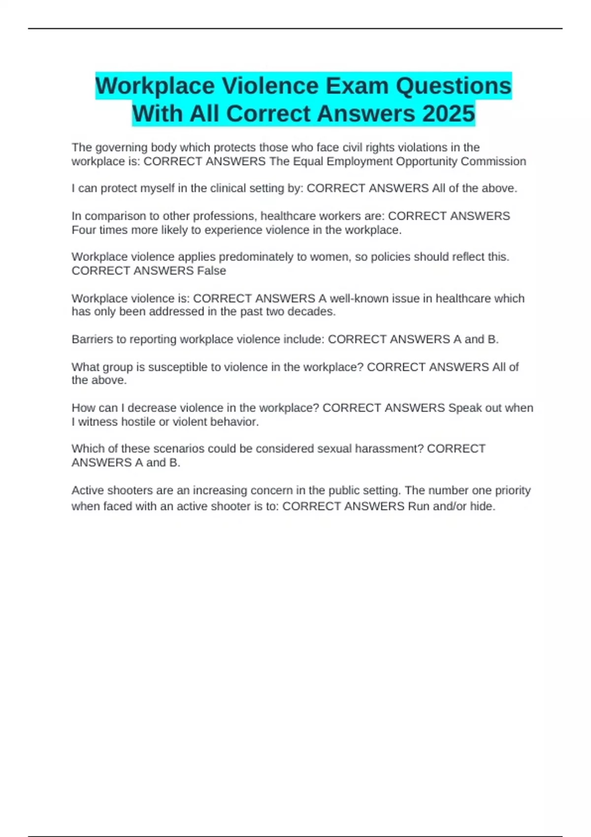 Workplace Violence Exam Questions With All Correct Answers 2025 ...