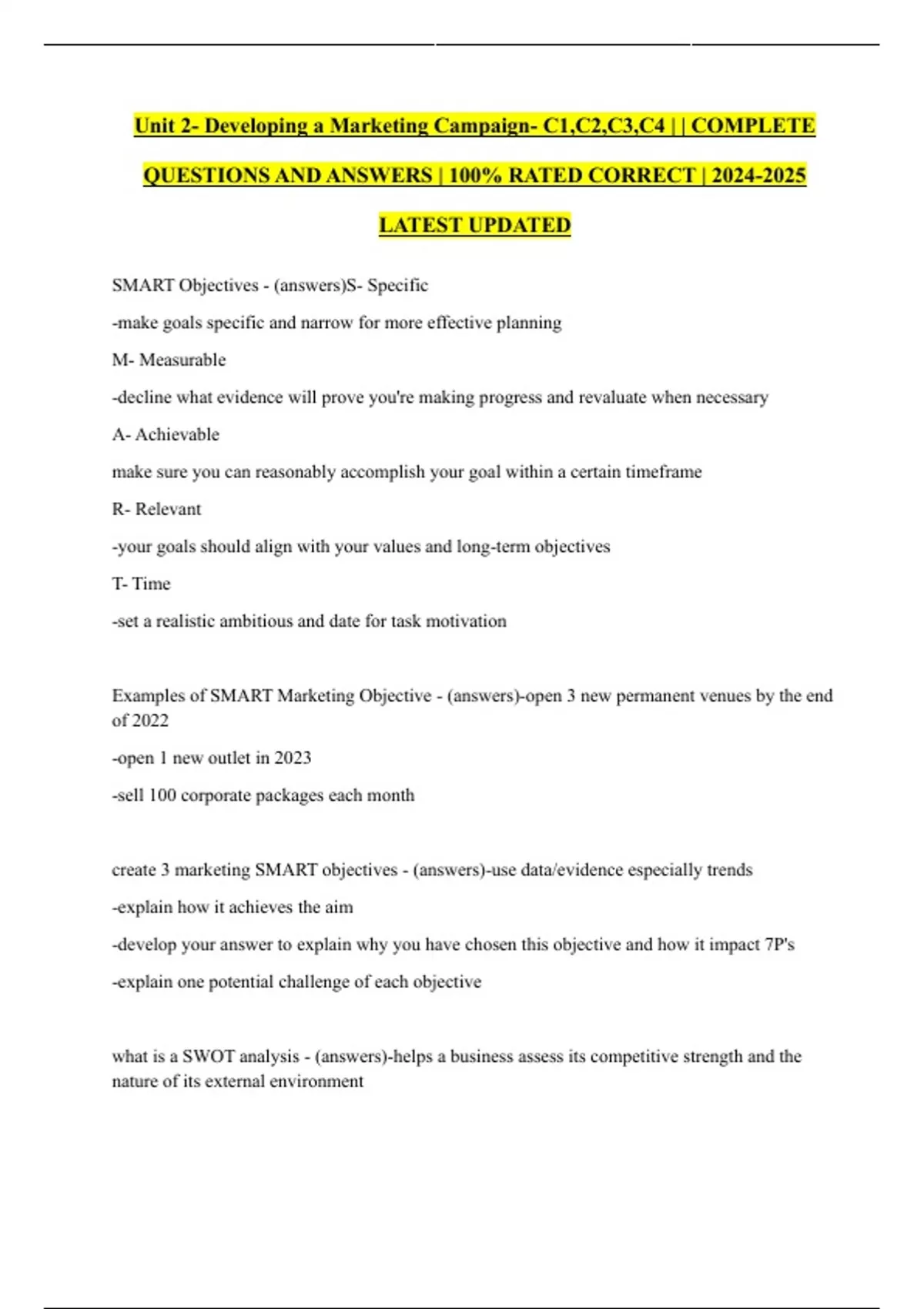 Unit 2- Developing a Marketing Campaign- C1,C2,C3,C4 | | COMPLETE ...