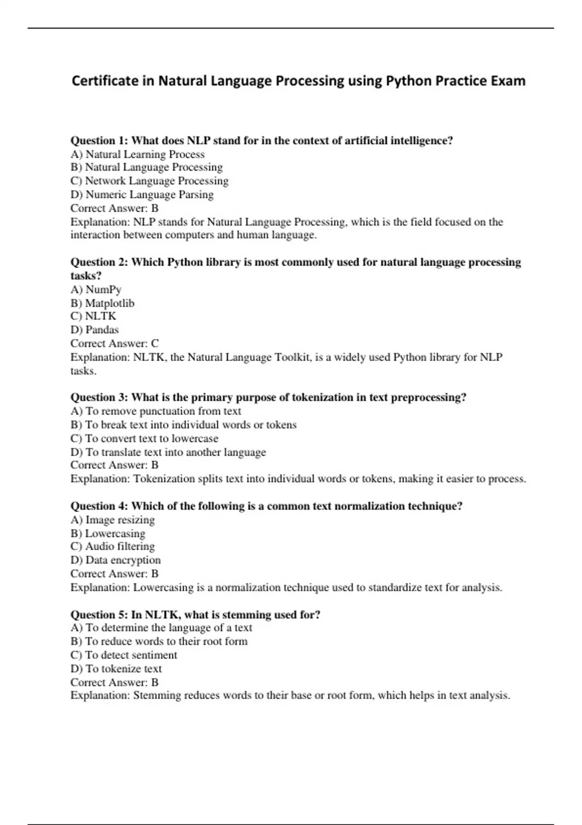 Certificate in Natural Language Processing using Python Practice Exam - Computers - Stuvia US