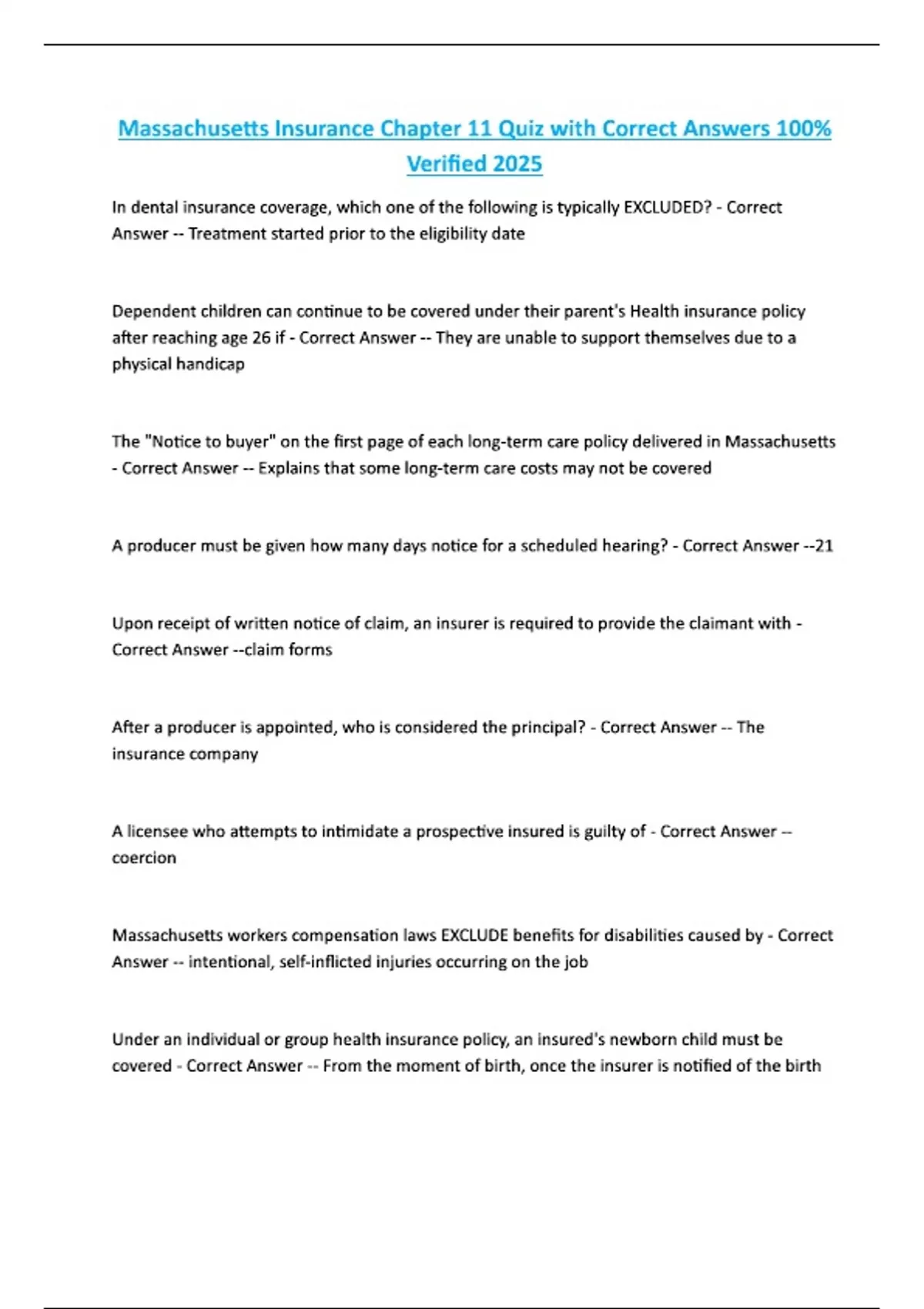 Massachusetts Insurance Chapter 11 Quiz with Correct Answers 100% ...