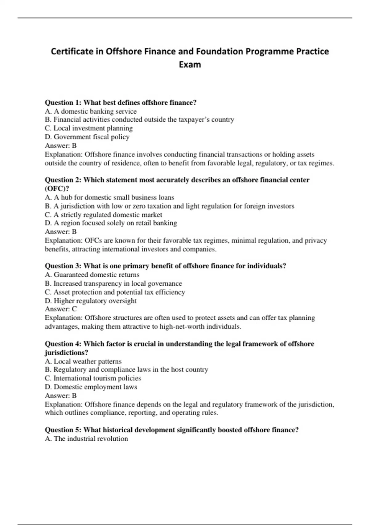 Certificate in Offshore Finance and Foundation Programme Practice Exam - Computers - Stuvia US