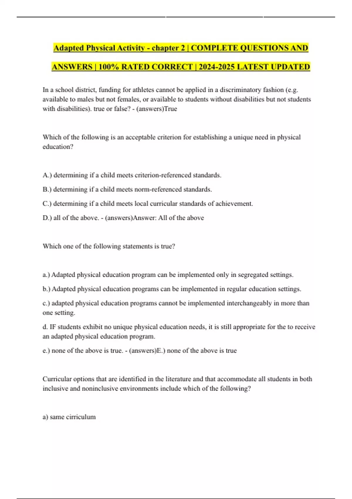 Adapted Physical Activity - chapter 2 | COMPLETE QUESTIONS AND ANSWERS ...