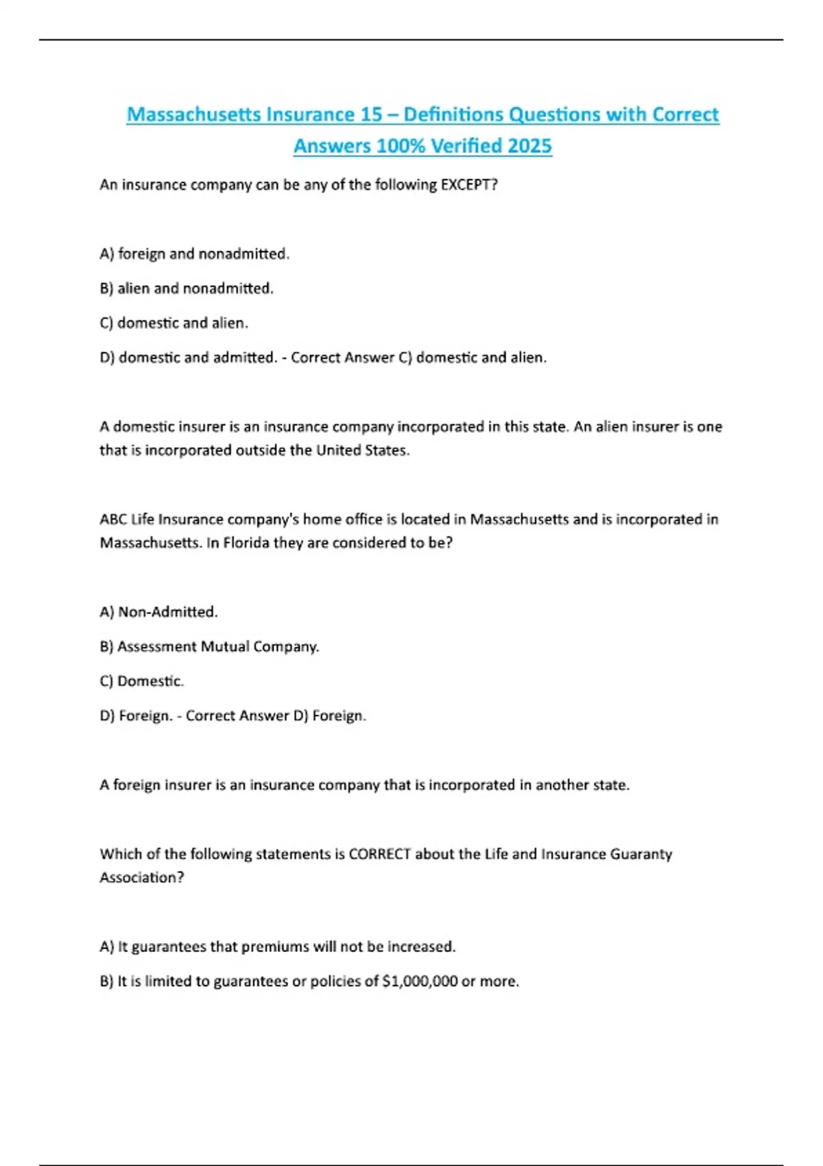 Massachusetts Insurance 15 – Definitions Questions with Correct Answers ...