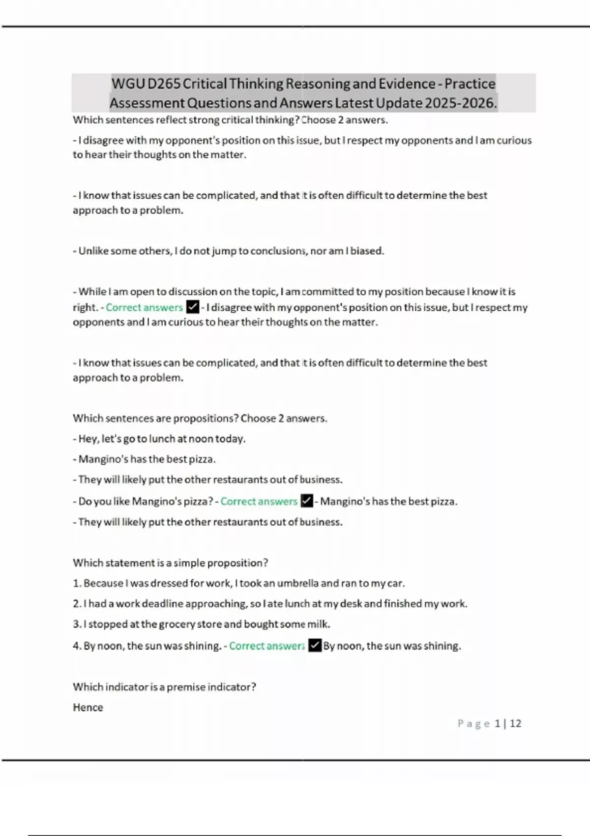 WGU D265 Critical Thinking Reasoning and Evidence - Practice Assessment ...