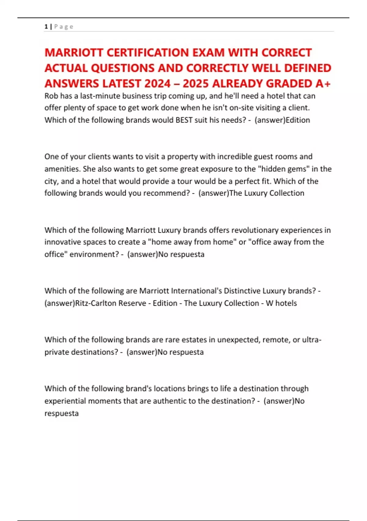 MARRIOTT CERTIFICATION EXAM WITH CORRECT ACTUAL QUESTIONS AND CORRECTLY ...