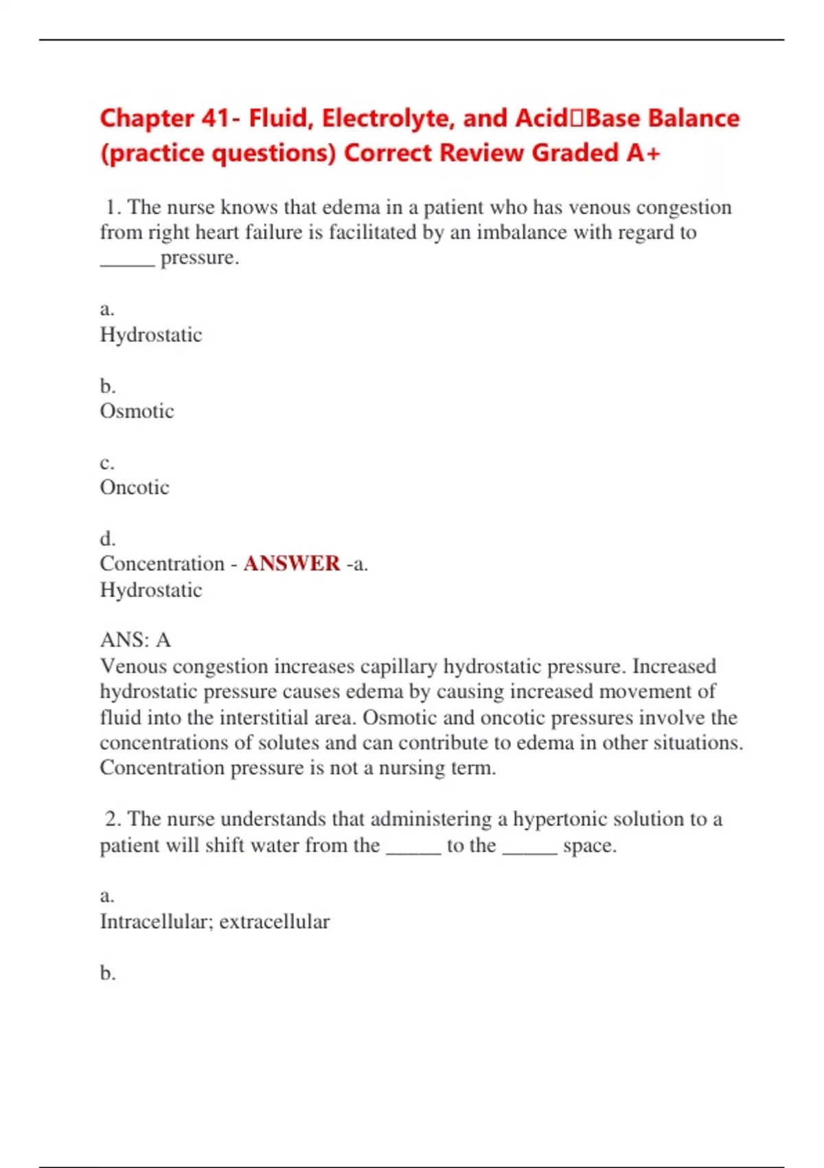 Chapter 41- Fluid, Electrolyte, and Acid Base Balance (practice ...