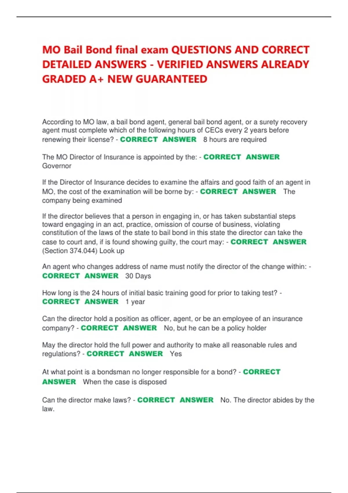 MO Bail Bond final exam QUESTIONS AND CORRECT DETAILED ANSWERS ...
