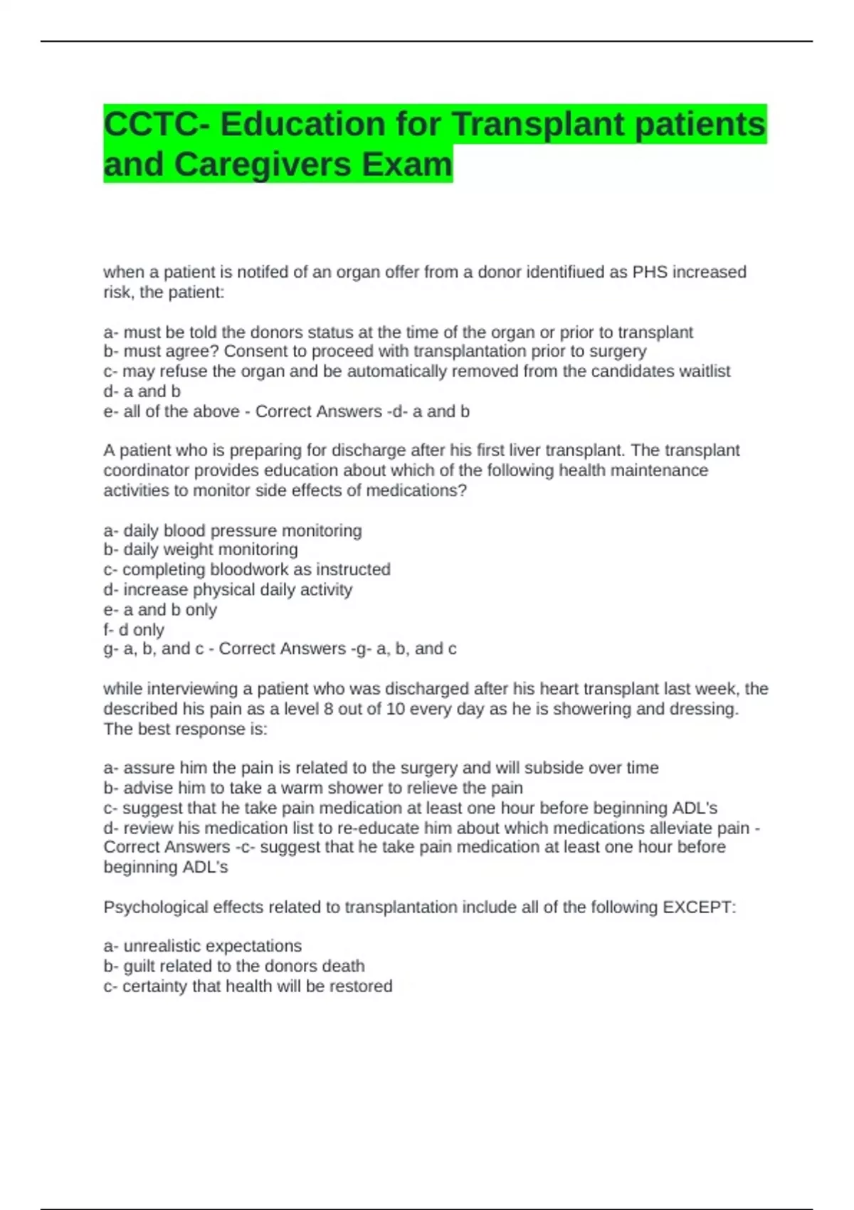 CCTC- Education for Transplant patients and Caregivers Exam Questions ...