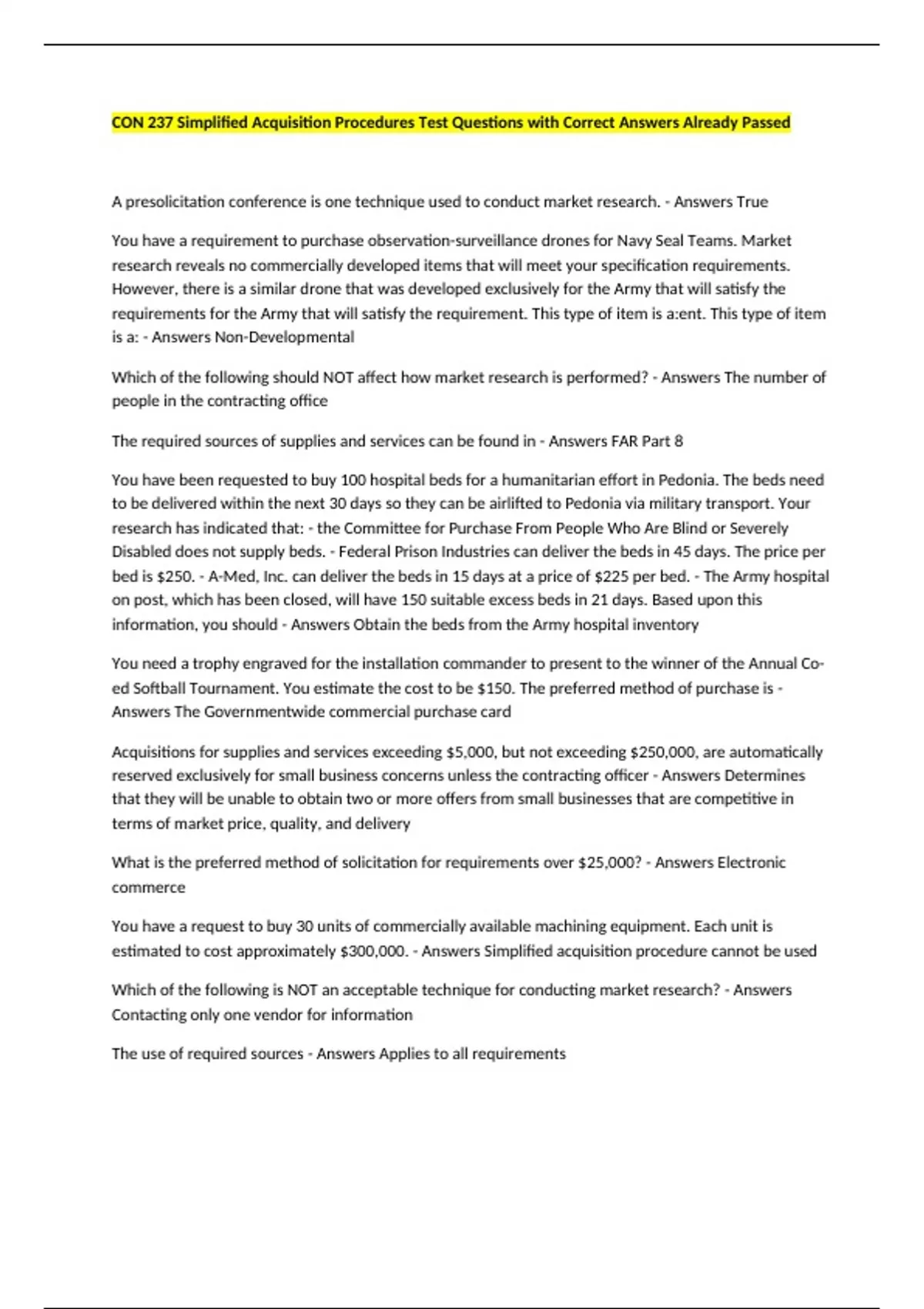 CON 237 Simplified Acquisition Procedures Test Questions with Correct ...
