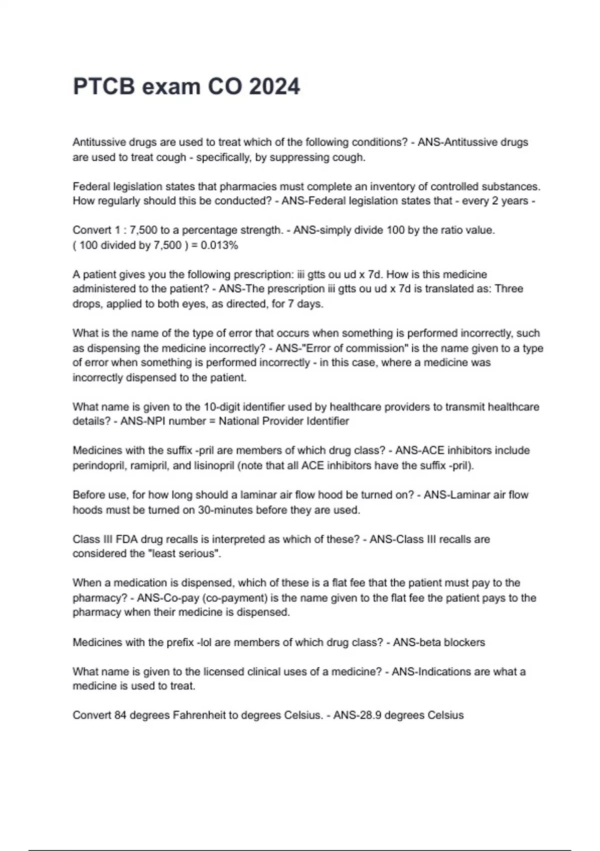 PTCB exam CO 2024 Questions and answers graded A+ 2025/2026 - PTCB ...