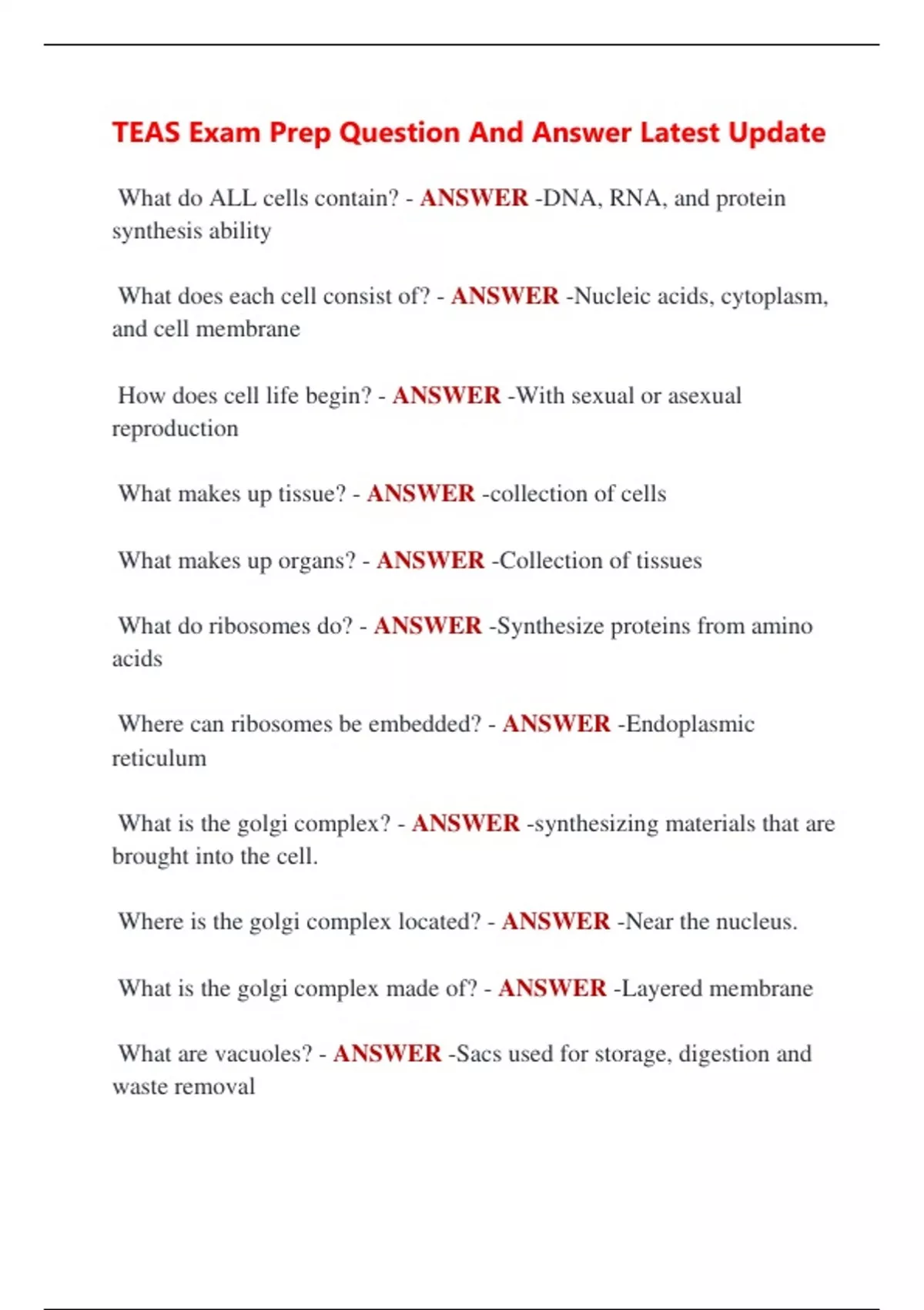 TEAS Exam Prep Question And Answer Latest Update - TEAS - Stuvia US