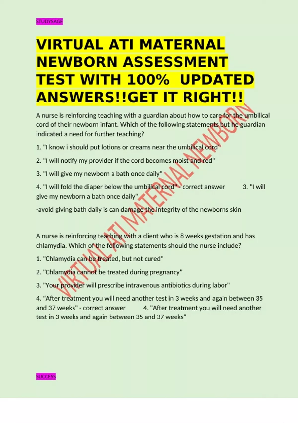 VIRTUAL ATI MATERNAL NEWBORN ASSESSMENT TEST WITH 100% UPDATED ANSWERS ...