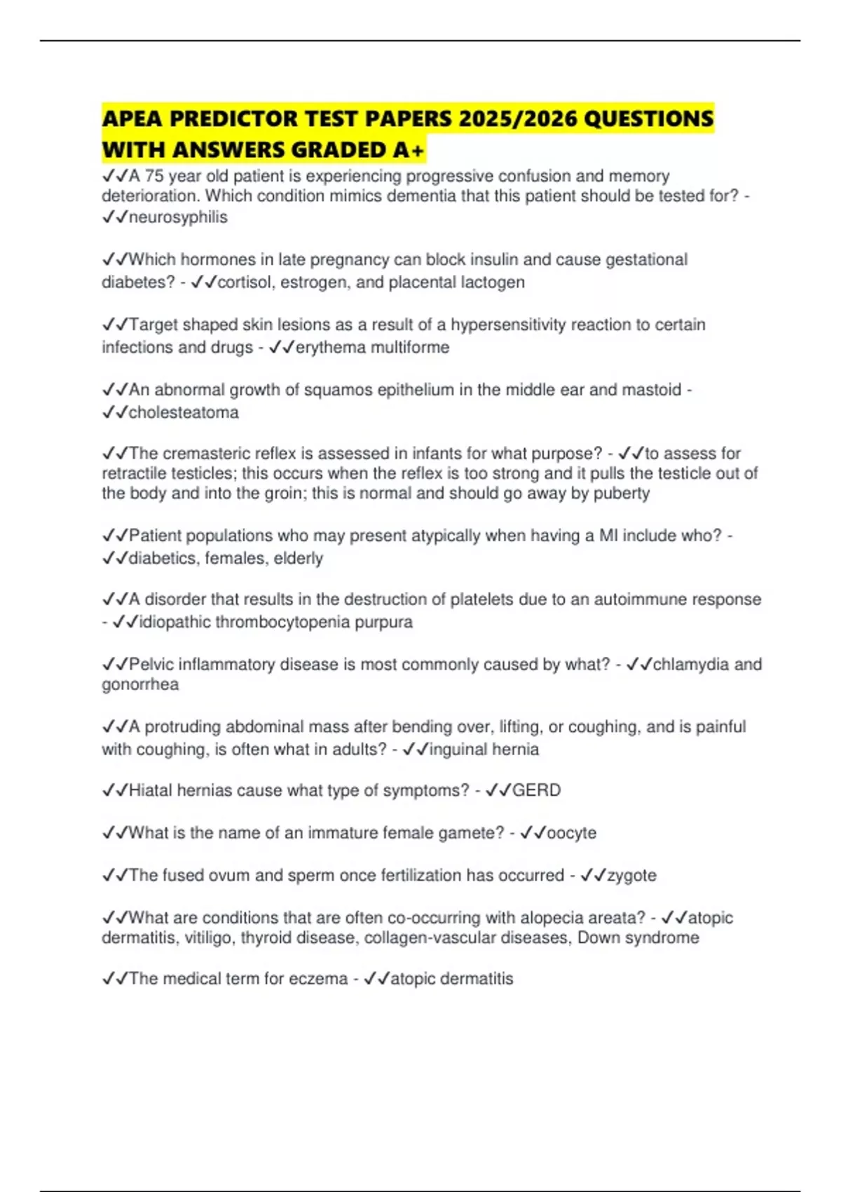 APEA PREDICTOR TEST PAPERS 2025/2026 QUESTIONS WITH ANSWERS GRADED A+ ...