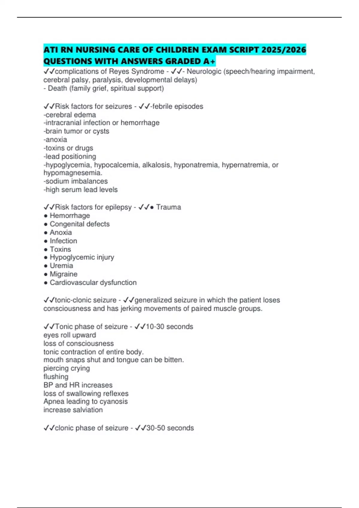 ATI RN NURSING CARE OF CHILDREN EXAM SCRIPT 2025/2026 QUESTIONS WITH ...