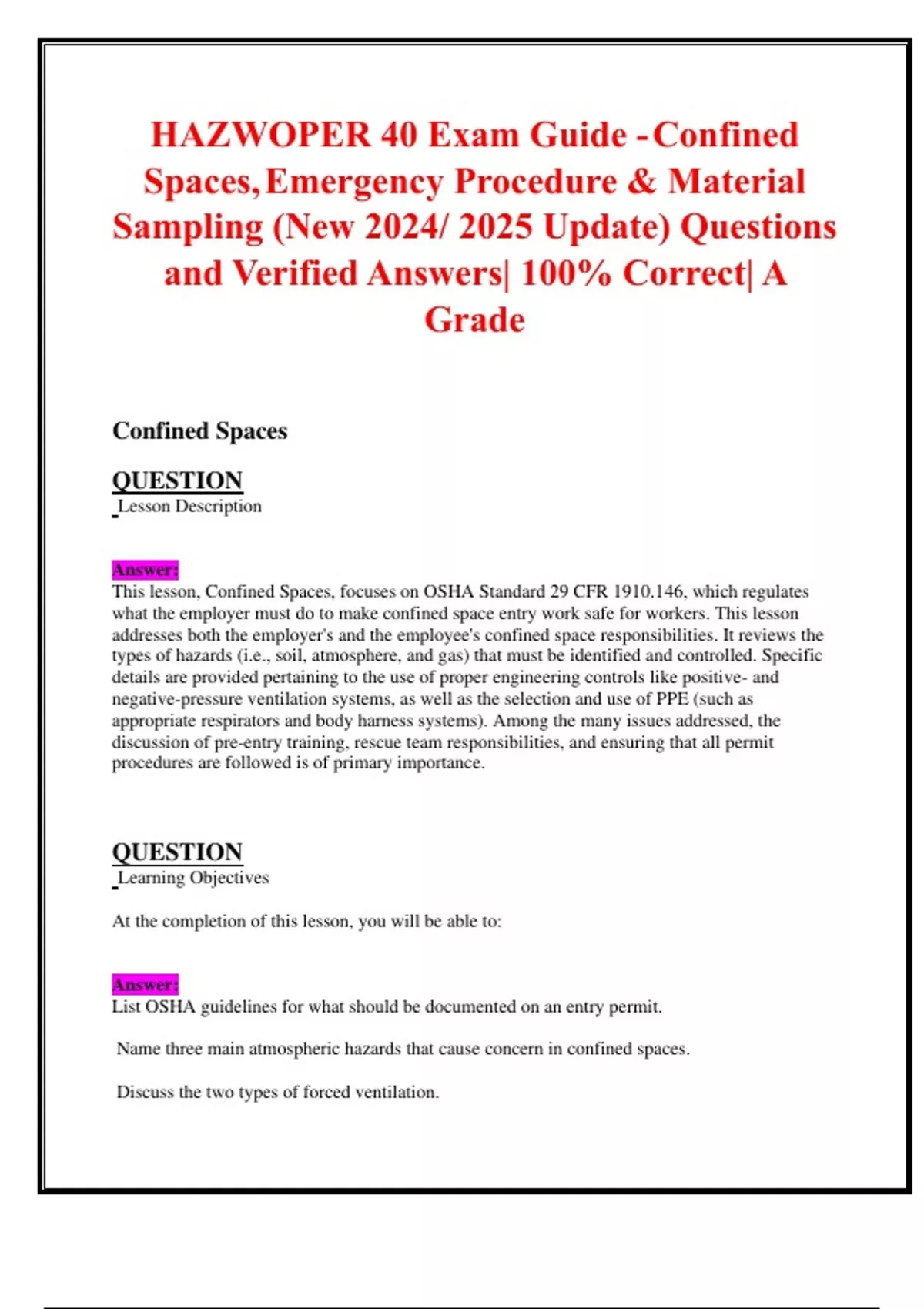 HAZWOPER 40 Exam Guide -Confined Spaces,Emergency Procedure & Material ...