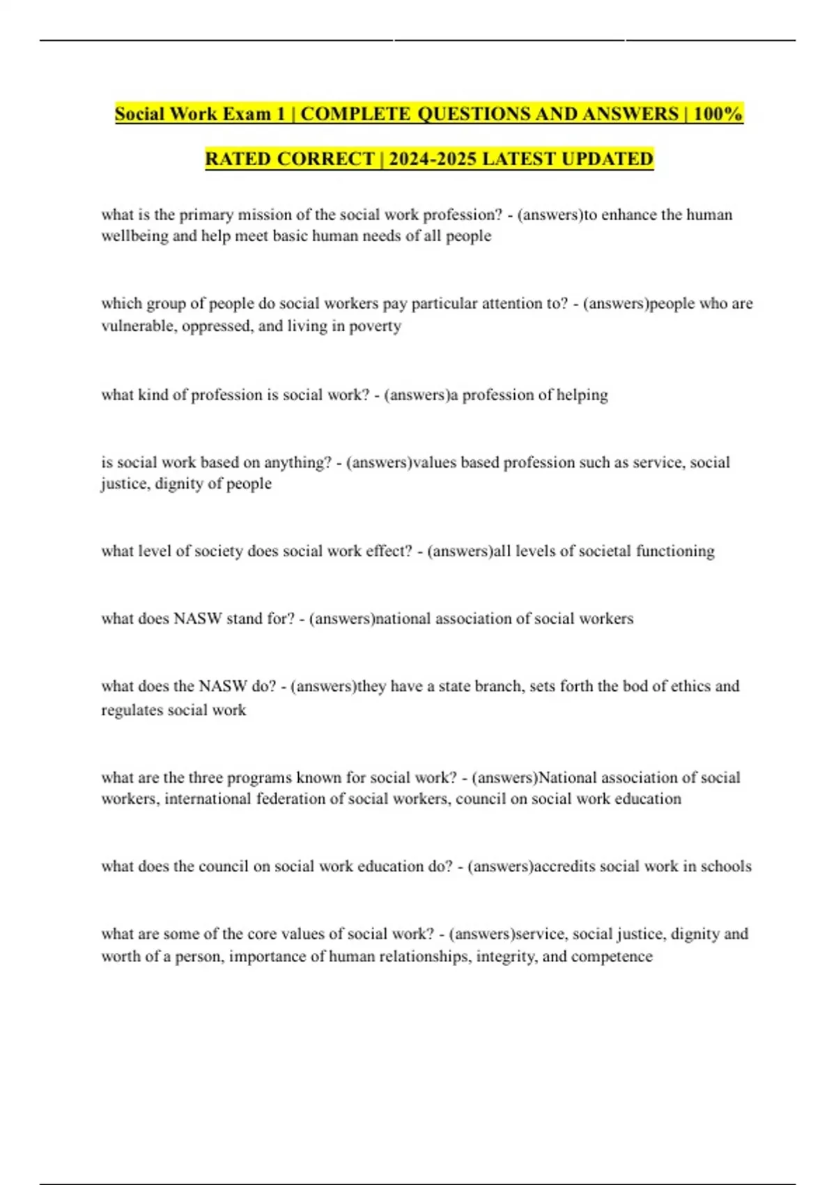 Social Work Exam 1 | COMPLETE QUESTIONS AND ANSWERS | 100% RATED ...