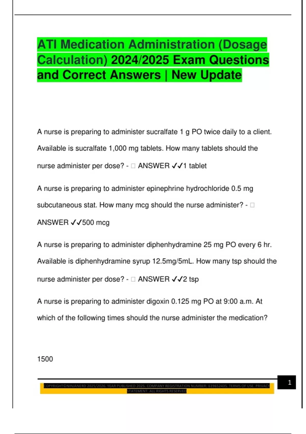 ATI Medication Administration (Dosage Calculation) 2024/2025 Exam Questions and Correct Answers ...