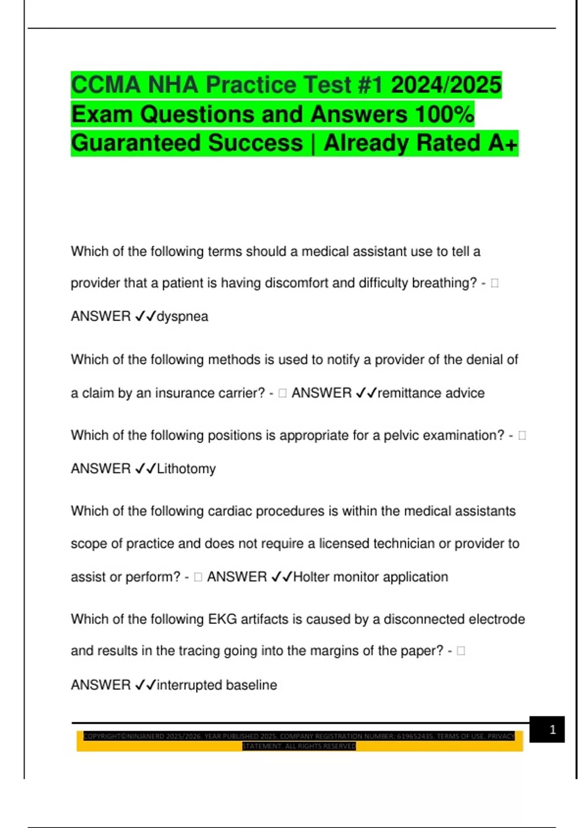 CCMA NHA Practice Test #1 2024/2025 Exam Questions and Answers 100% ...