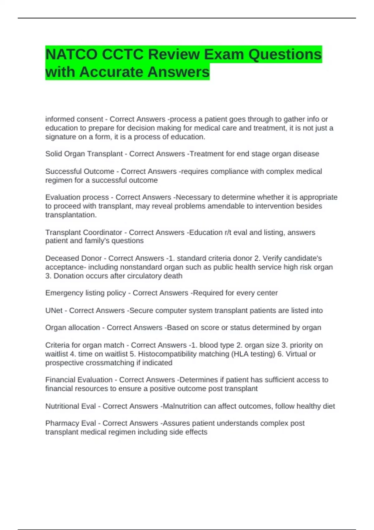 NATCO CCTC Review Exam Questions with Accurate Answers - CCTC - Stuvia US