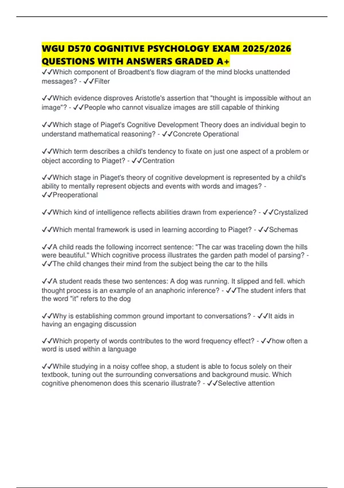 WGU D570 COGNITIVE PSYCHOLOGY EXAM 2025/2026 QUESTIONS WITH ANSWERS ...