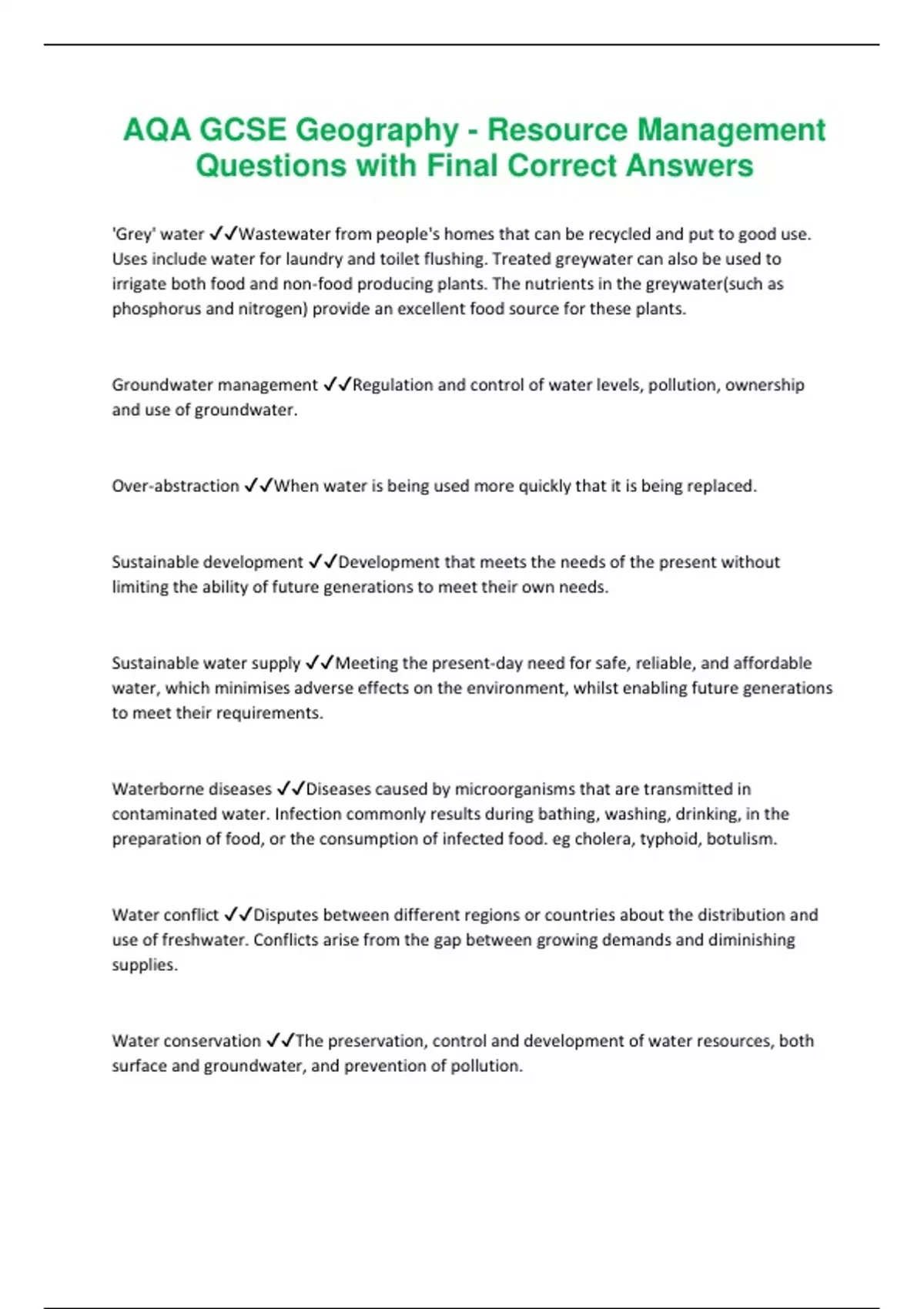 AQA GCSE Geography - Resource Management Questions with Final Correct ...