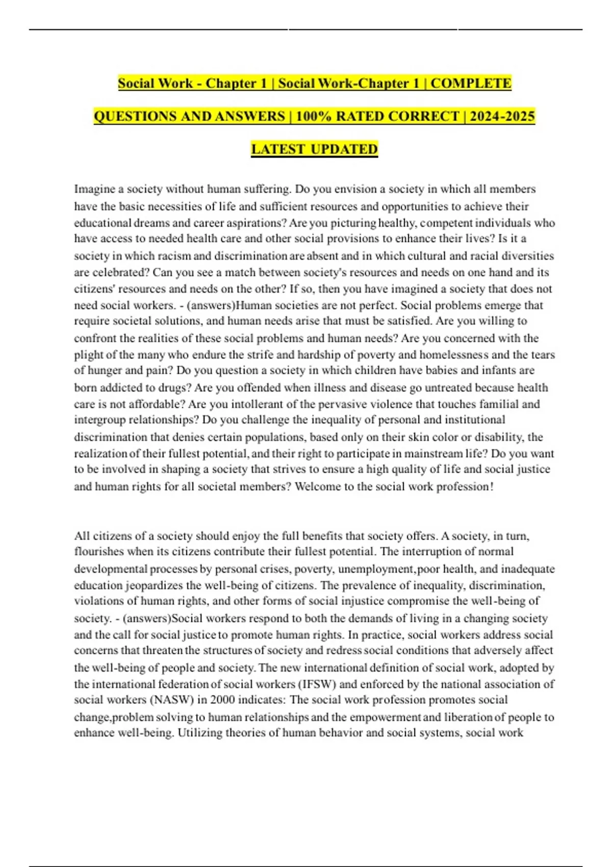 Social Work - Chapter 1 | Social Work-Chapter 1 | COMPLETE QUESTIONS ...