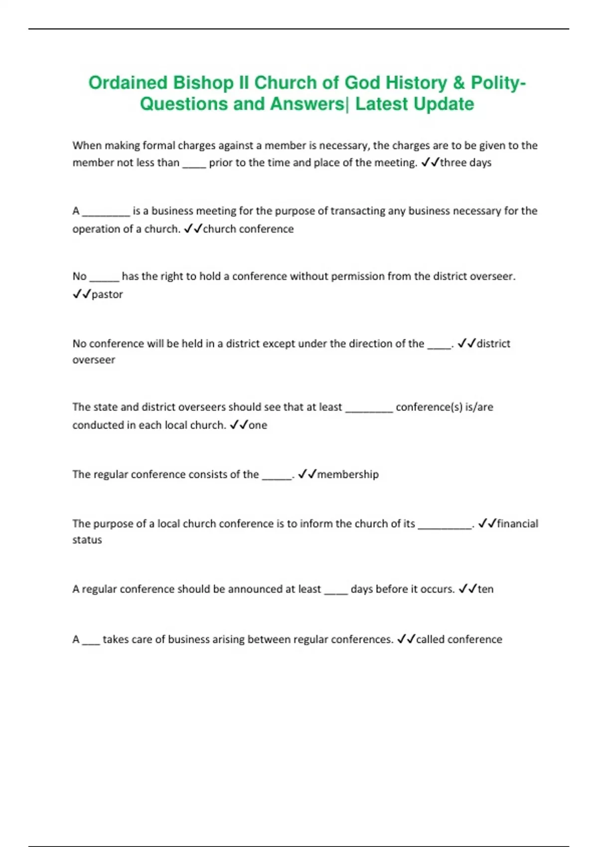 Ordained Bishop II Church of God History & Polity- Questions and ...