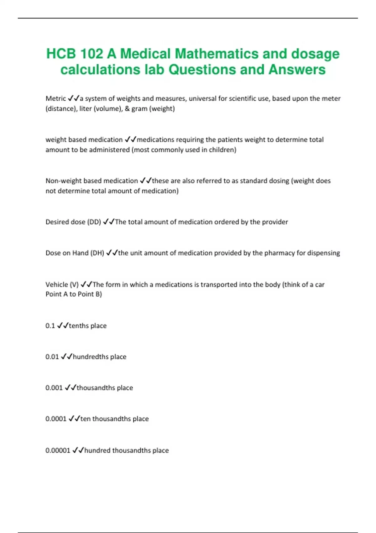 Hcb 102 A Medical Mathematics And Dosage Calculations Lab Questions And