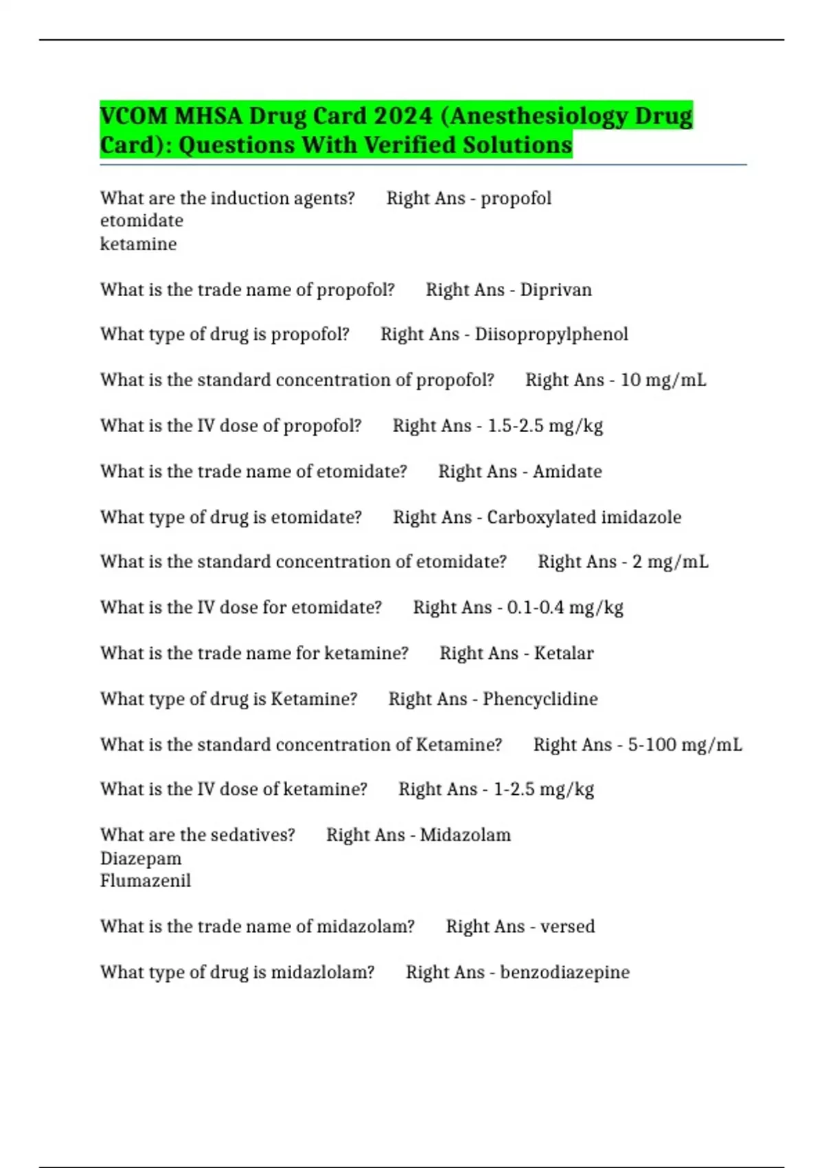 VCOM MHSA Drug Card 2024 (Anesthesiology Drug Card): Questions With ...