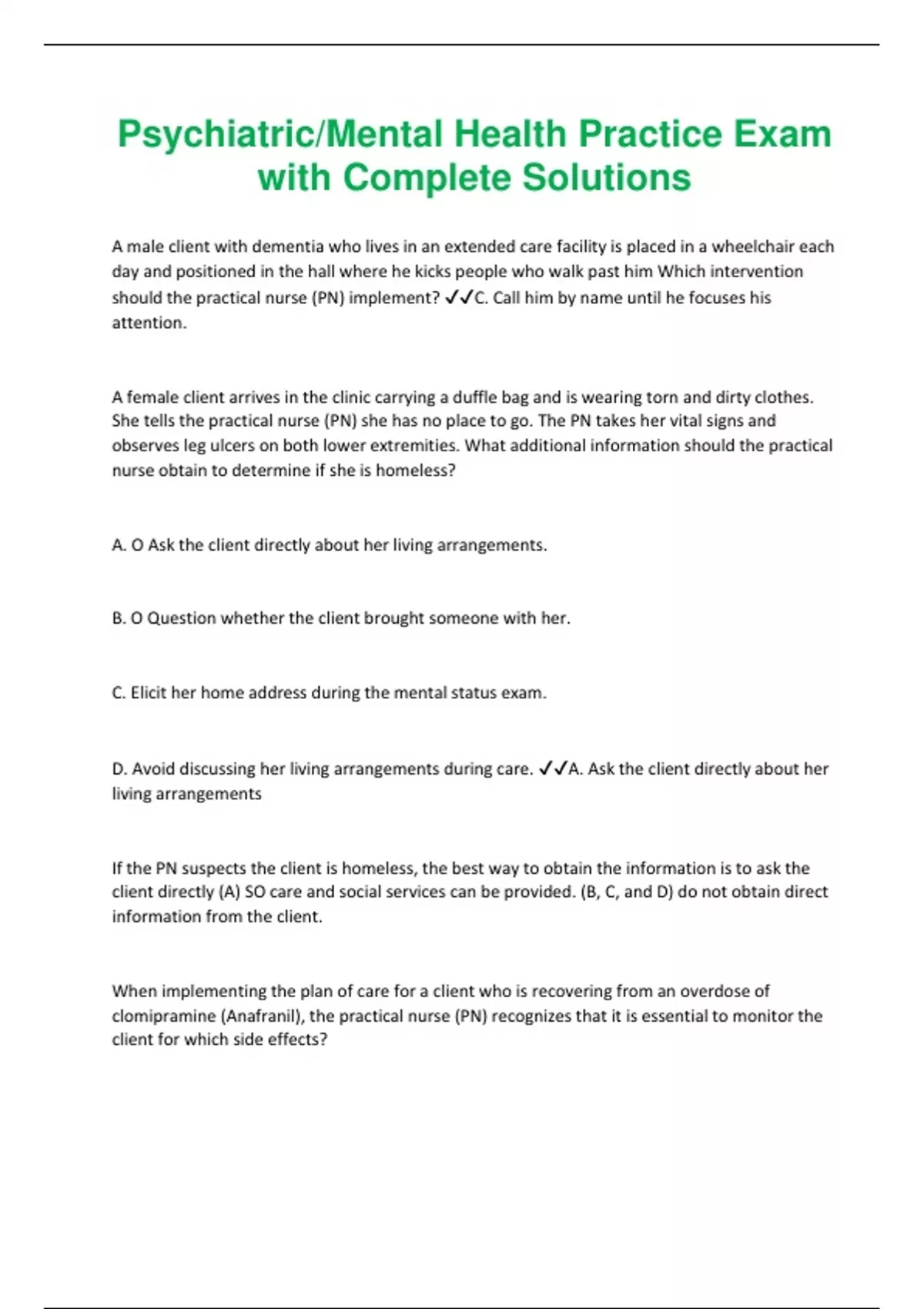 Psychiatric/Mental Health Practice Exam with Complete Solutions ...
