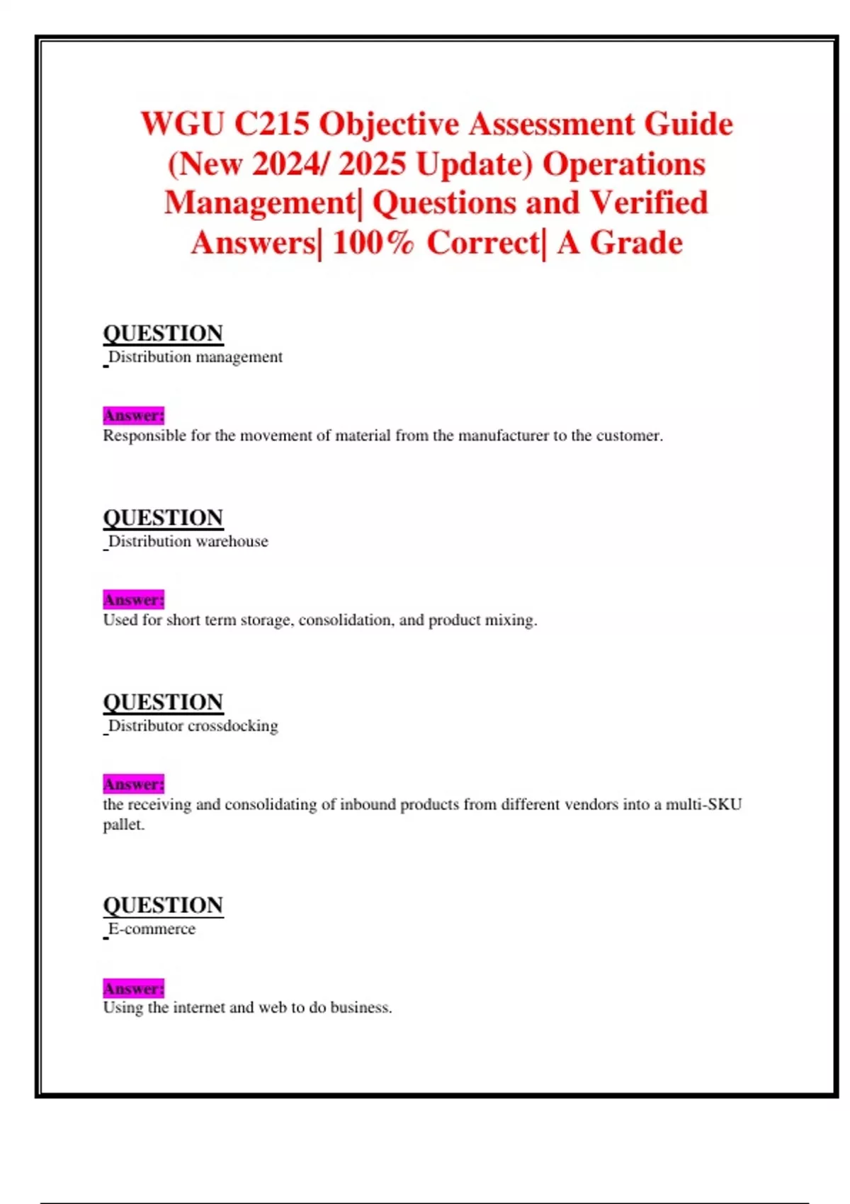 WGU C215 Objective Assessment Guide (New 2024/ 2025 Update) Operations ...