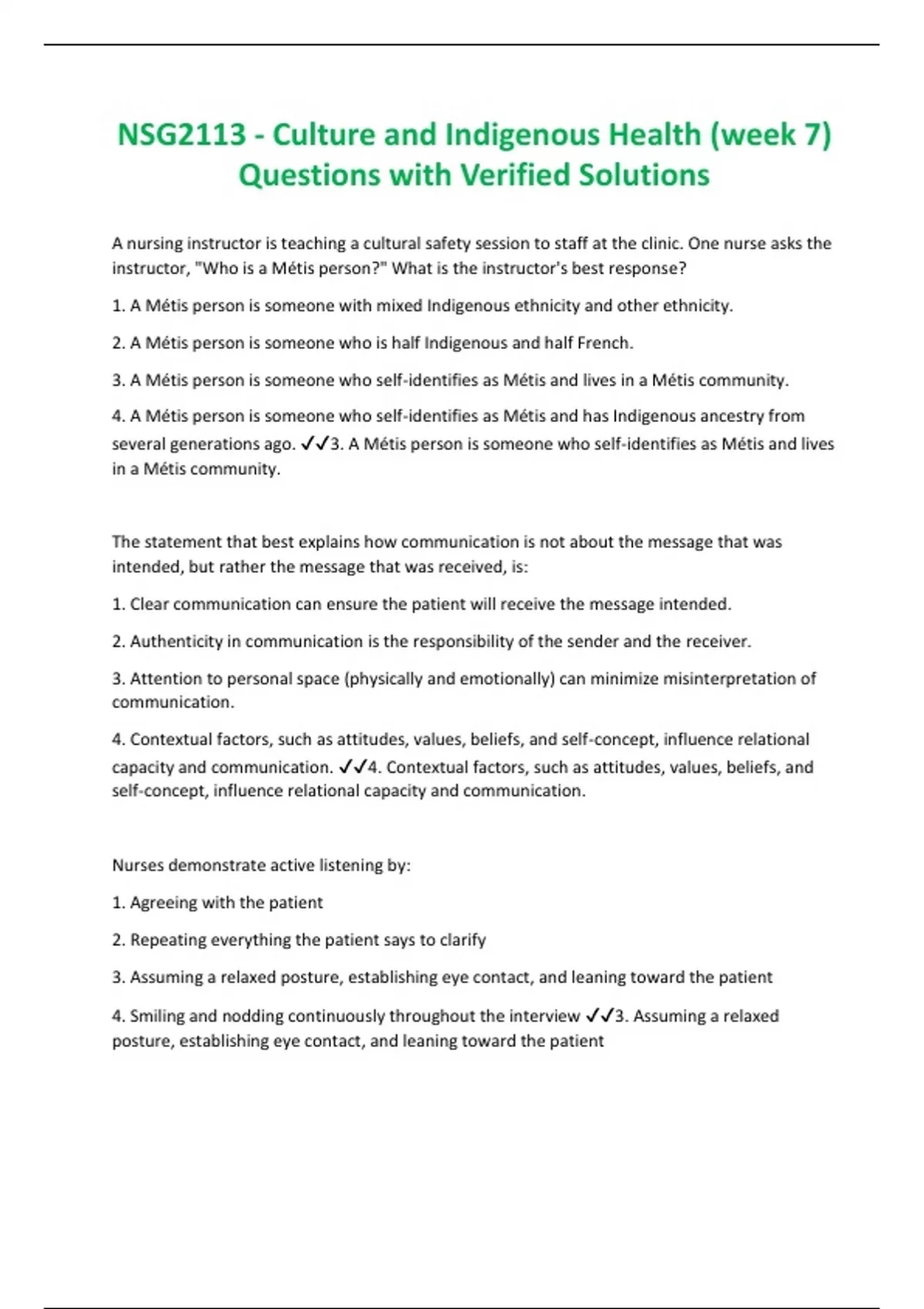 NSG2113 - Culture and Indigenous Health (week 7) Questions with ...