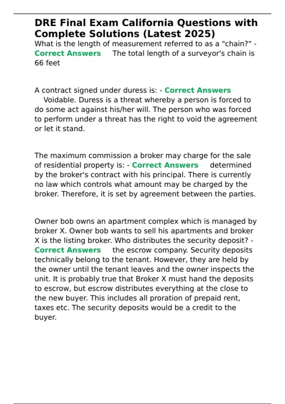 DRE Final Exam California Questions with Complete Solutions (Latest ...