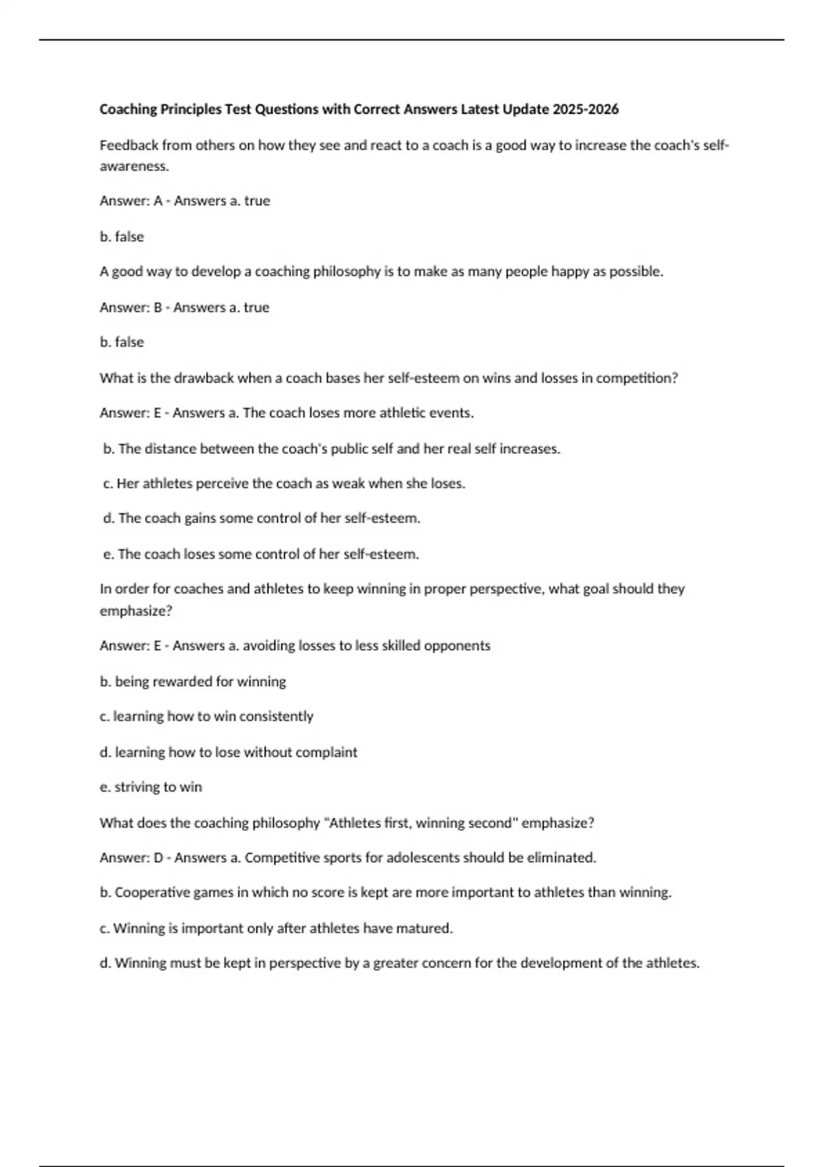 Coaching Principles Test Questions with Correct Answers Latest Update ...