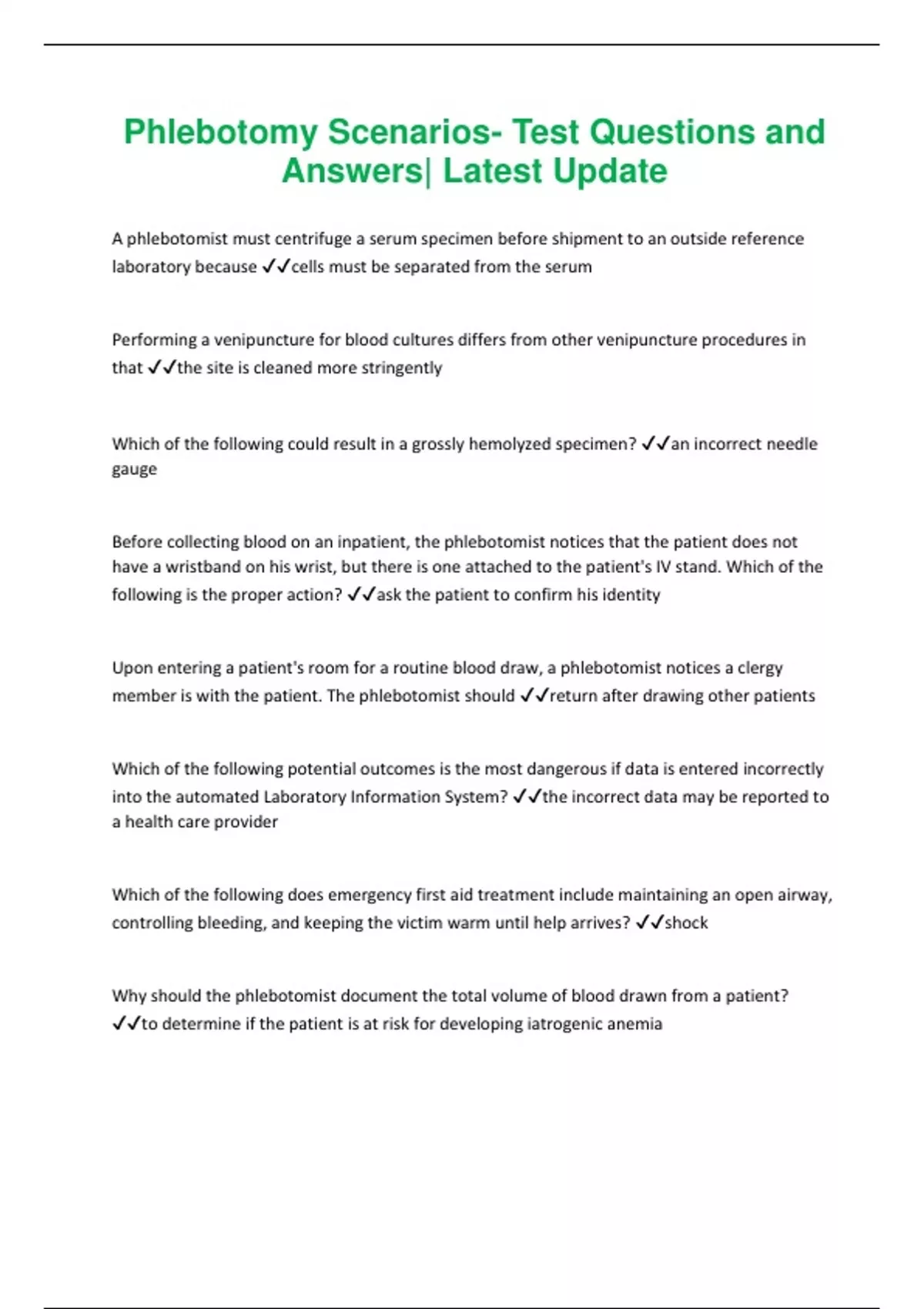Phlebotomy Scenarios- Test Questions and Answers| Latest Update ...