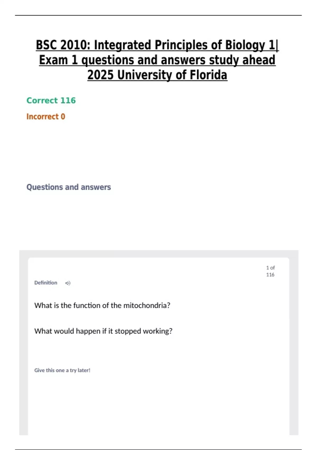 BSC 2010: Integrated Principles of Biology 1|Exam 1 questions and ...