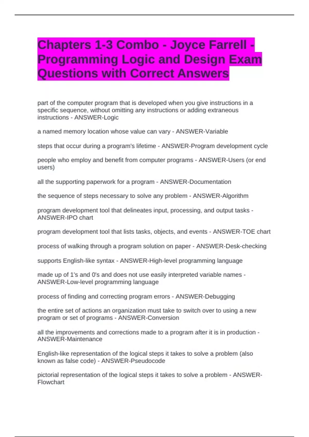 Chapters 1-3 Combo - Joyce Farrell - Programming Logic and Design Exam ...