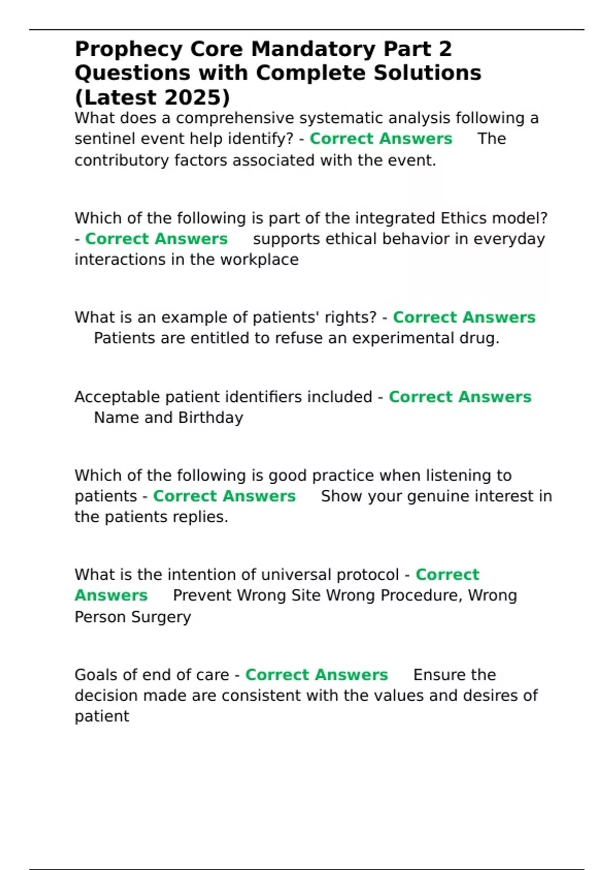 Prophecy Core Mandatory Part 2 Questions with Complete Solutions ...