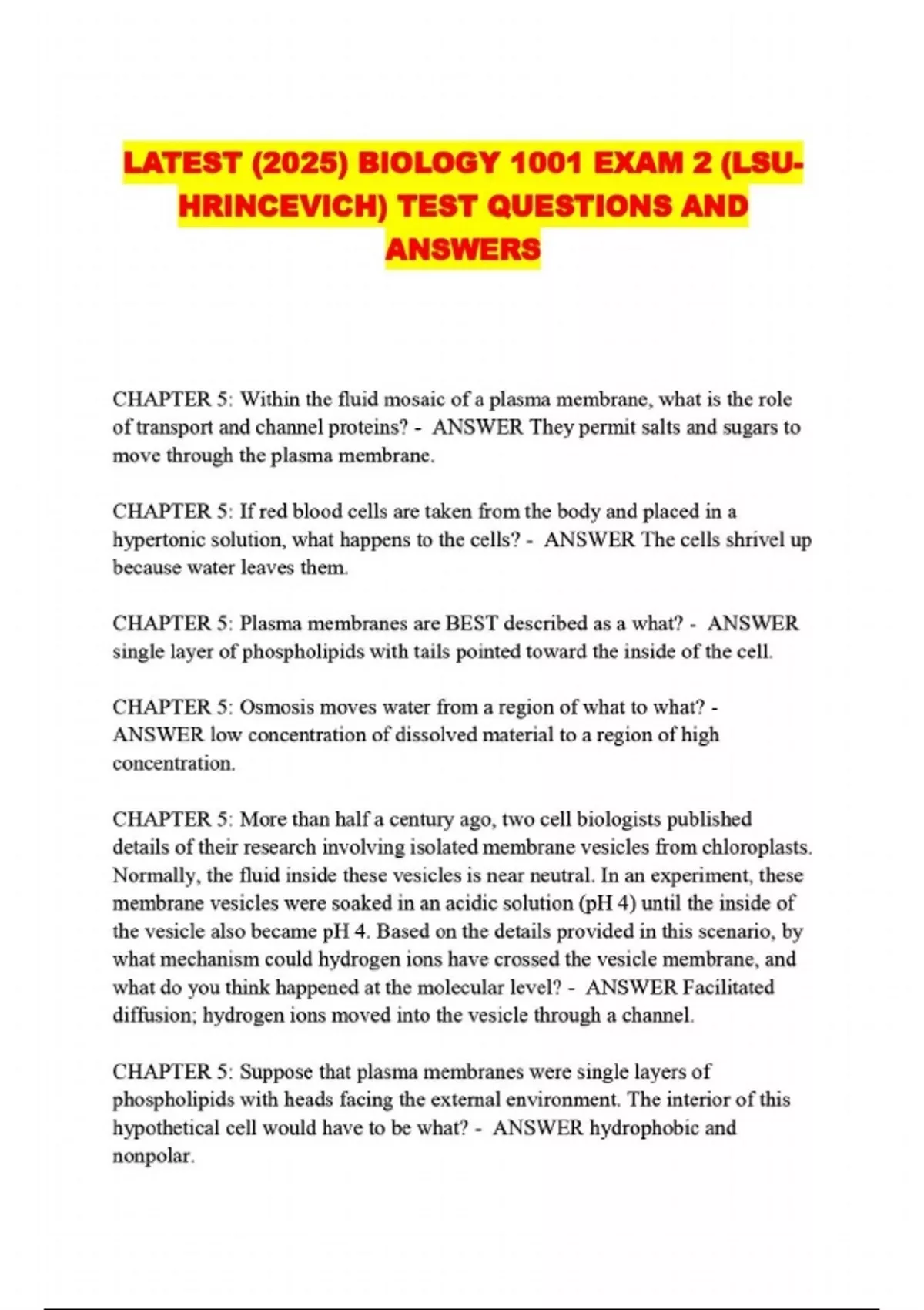 LATEST (2025) BIOLOGY 1001 EXAM 2 (LSU-HRINCEVICH) TEST QUESTIONS AND ...