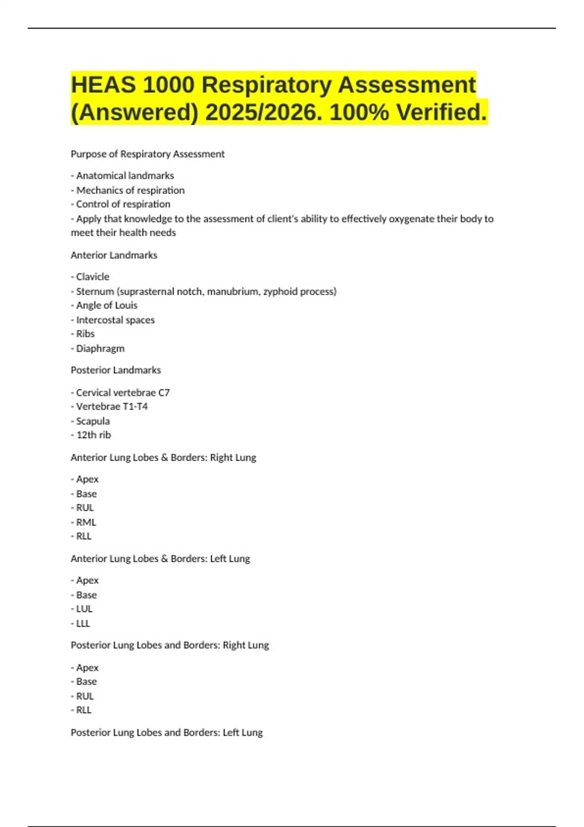 HEAS 1000 Respiratory Assessment (Answered) 2025/2026. 100% Verified ...