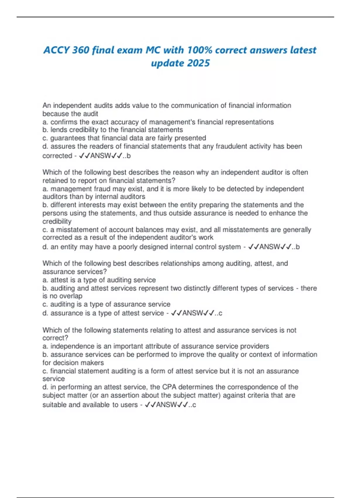 ACCY 360 final exam MC with 100% correct answers latest update 2025 An ...