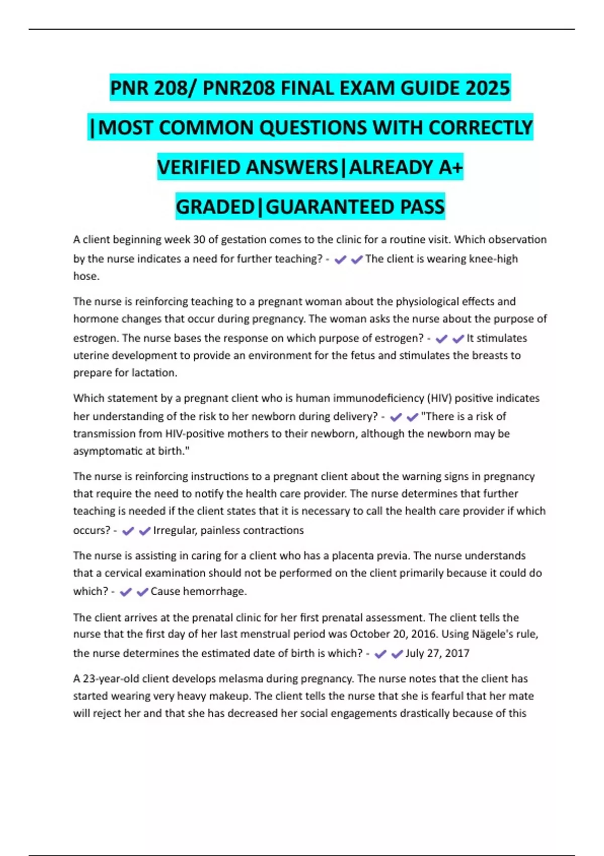 PNR 208/ PNR208 FINAL EXAM GUIDE 2025 |MOST COMMON QUESTIONS WITH CORRECTLY VERIFIED ANSWERS ...