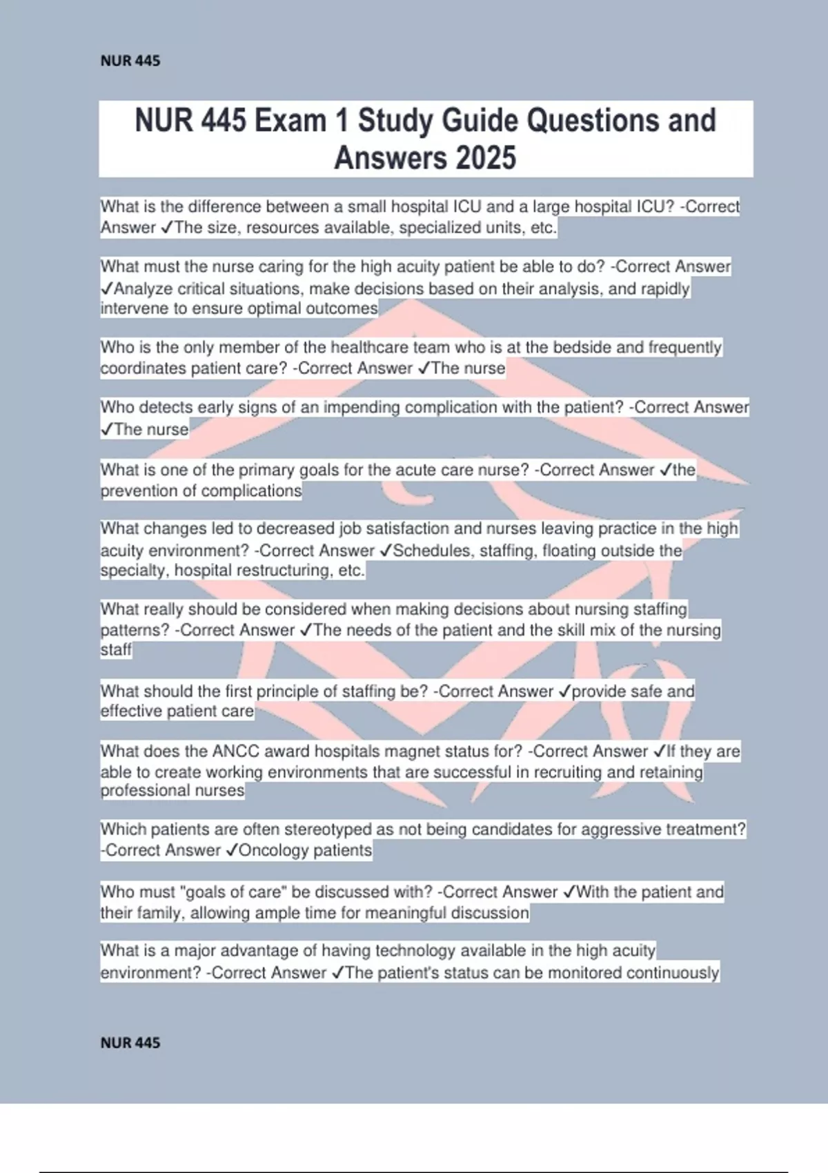 NUR 445 Exam 1 Study Guide Questions and Answers 2025 - NUR 445 - Stuvia US