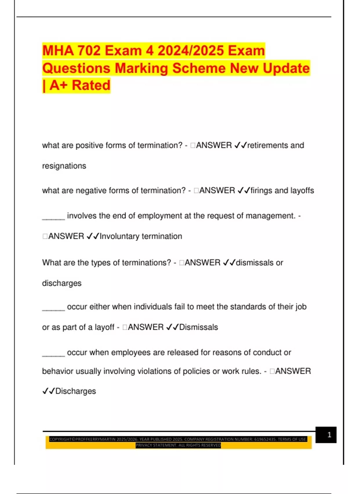 MHA 702 Exam 4 2024/2025 Exam Questions Marking Scheme New Update | A+ ...