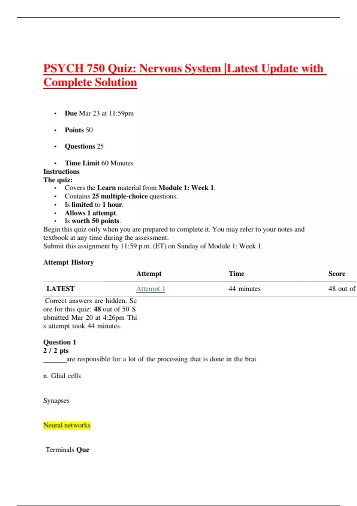PSYCH 750 Quiz: Nervous System |Latest Update with Complete Solution ...