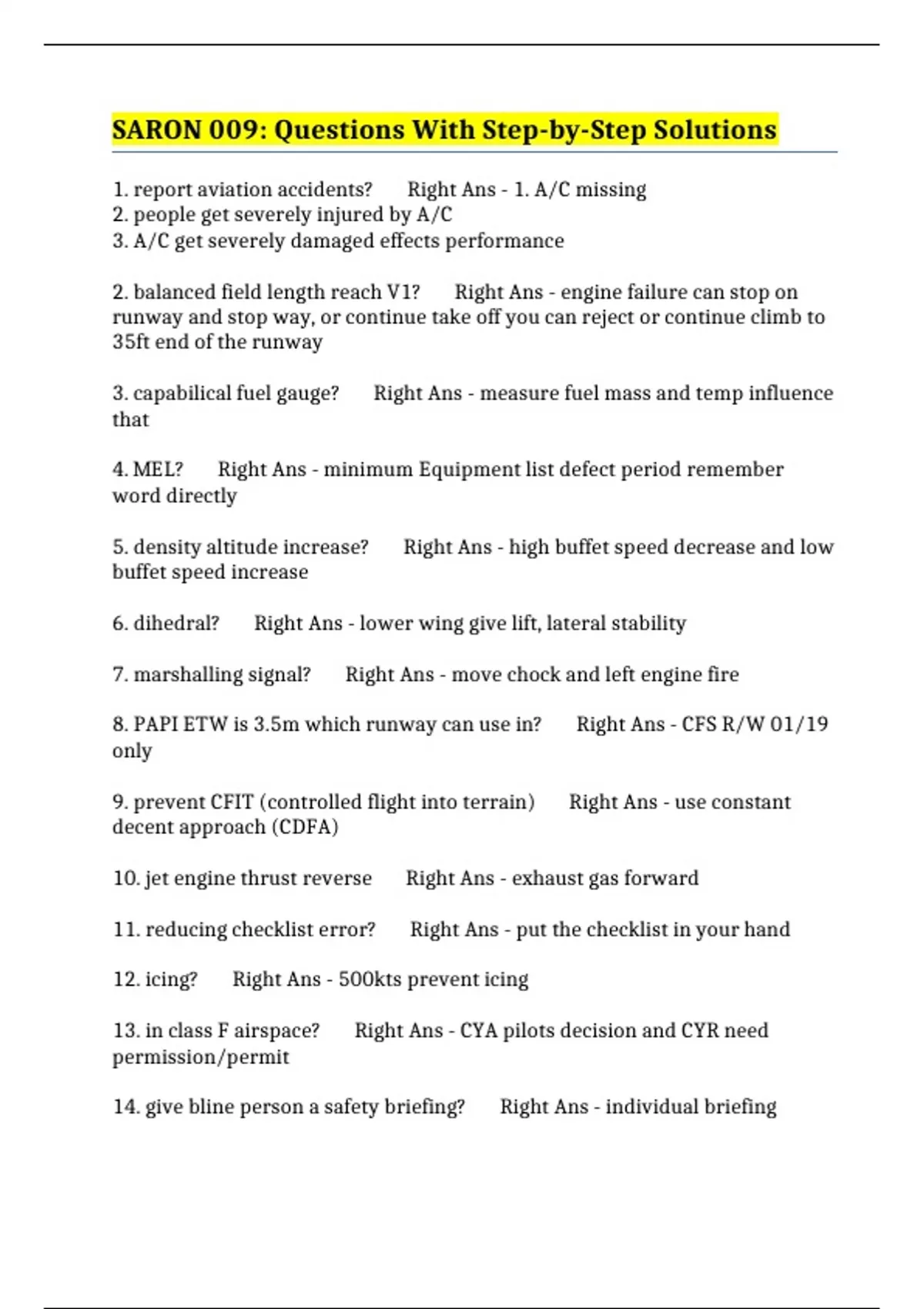 SARON 009: Questions With Step-by-Step Solutions - ATPL SARON - Stuvia US