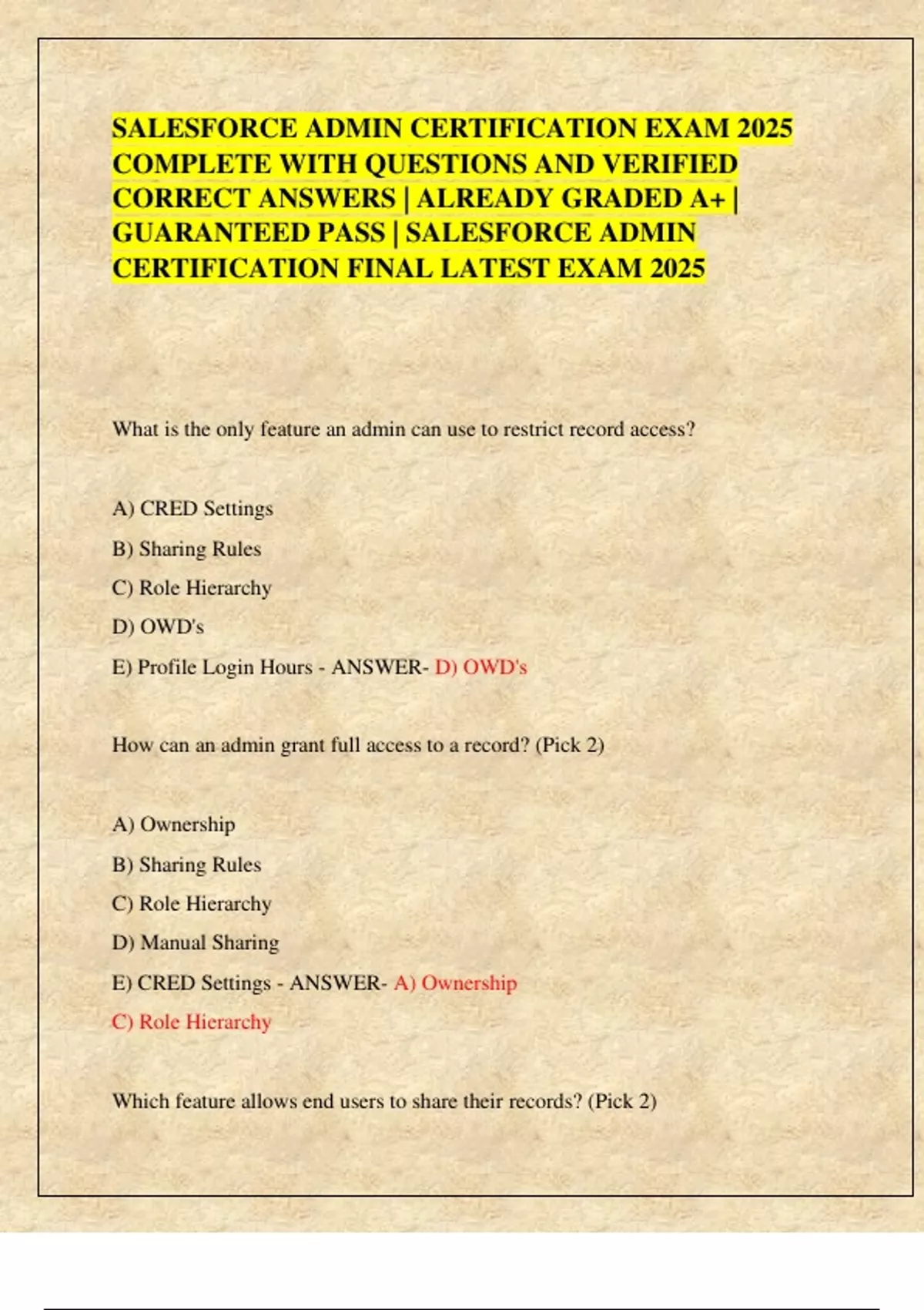 SALESFORCE ADMIN CERTIFICATION ACTUAL EXAM 2025 WITH 250 QUESTIONS AND ...