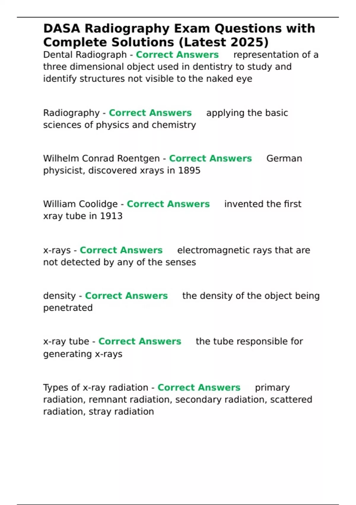 DASA Radiography Exam Questions with Complete Solutions (Latest 2025 ...